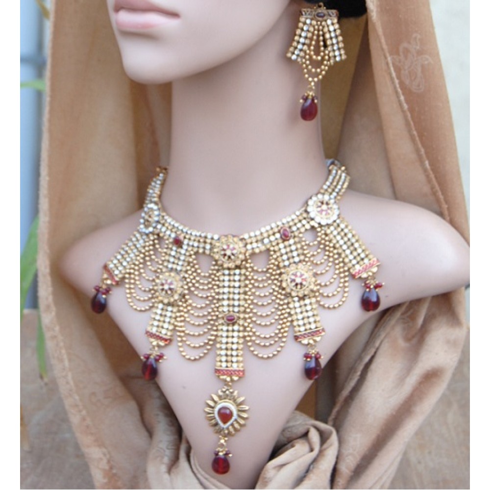 Crystal Red Gold Ethnic Indian Bridal Necklace Set