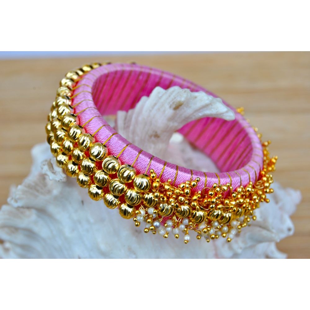Pale Pink Silk Thread Bangles with Pearls and Ghungroos