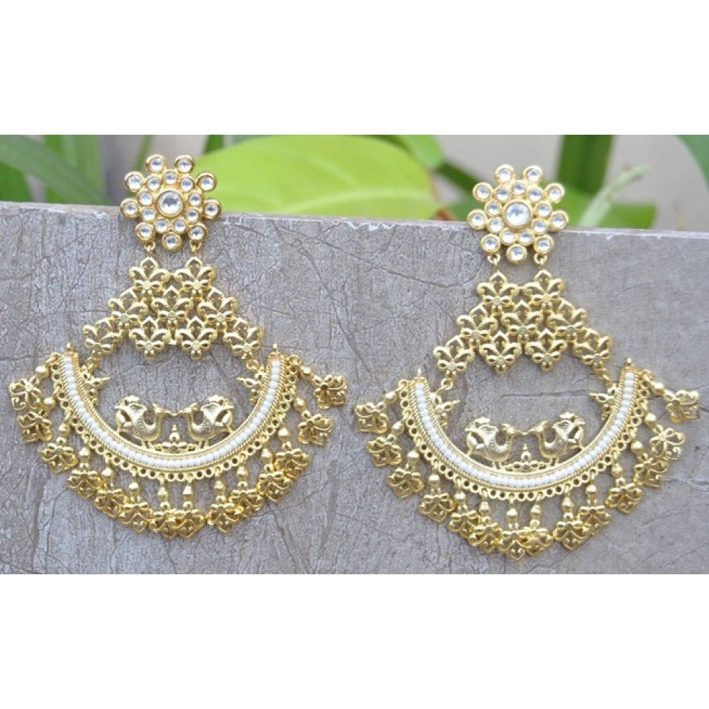 Peacock Gold Polki Studded Chand Bali Earrings